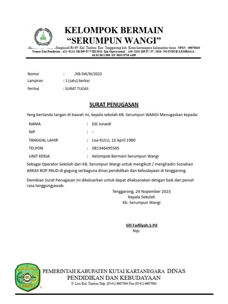 Surat Tugas Sosialisasi ARKAS BOP PAUD | PDF
