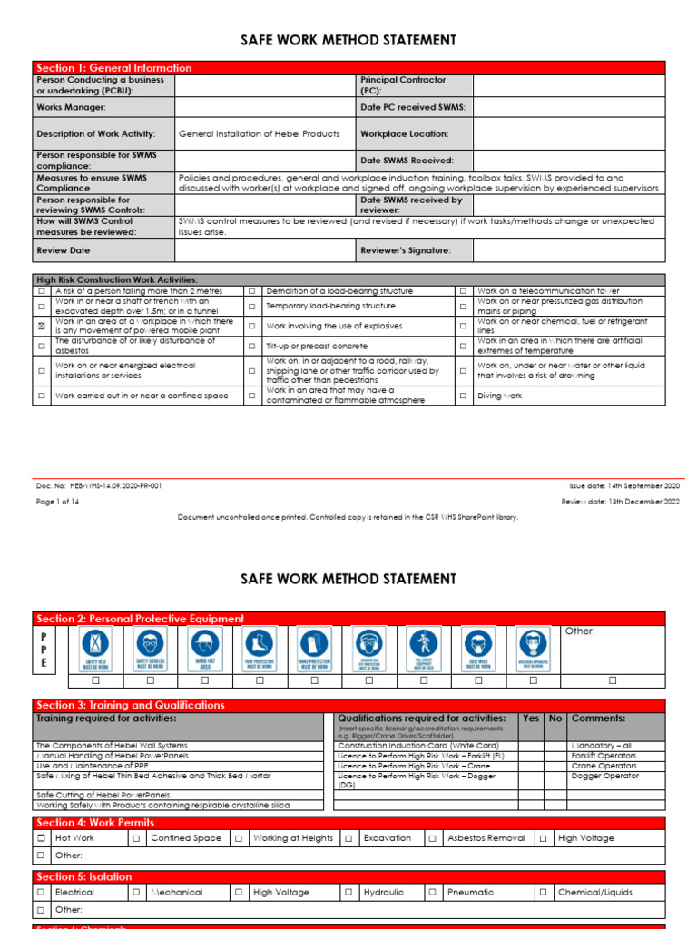 Hebel Safe Work Method Statement General Product Installation SWMS WHSE ...
