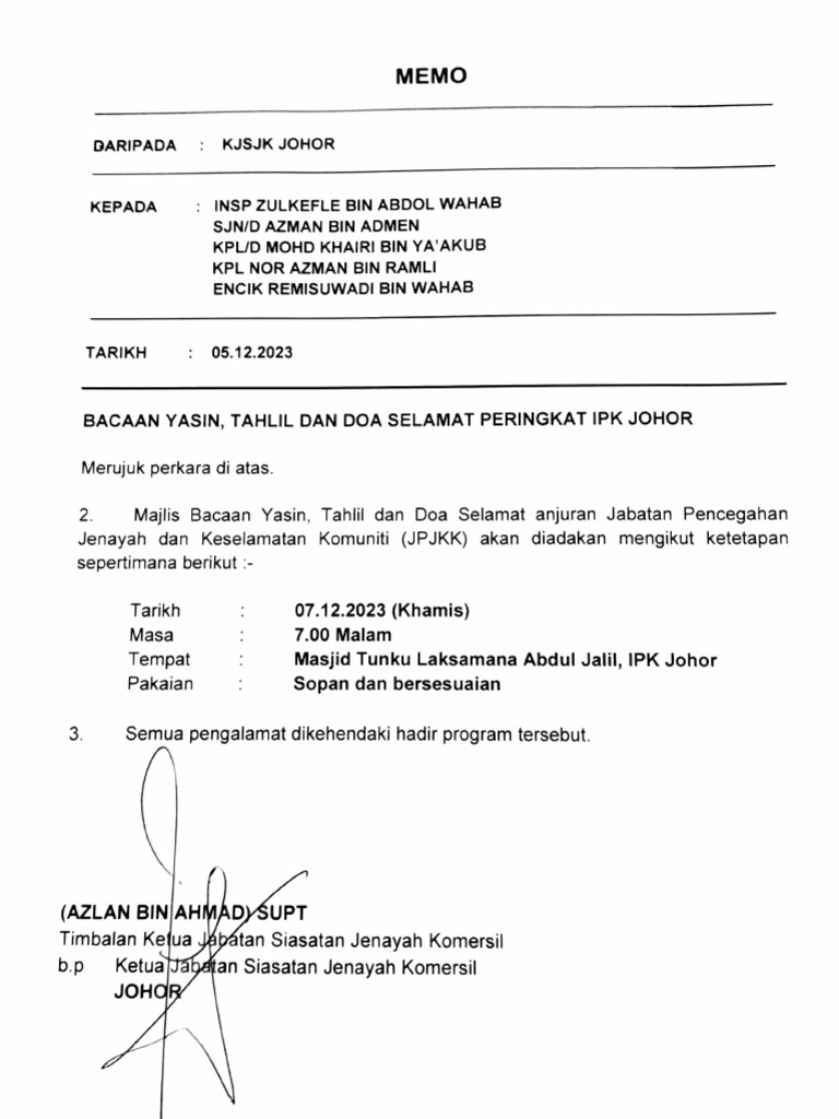 Bacaan Yassin, Tahlil Dan Doa Selamat Bertarikh 07.12.2023 (JSJK Ipk ...