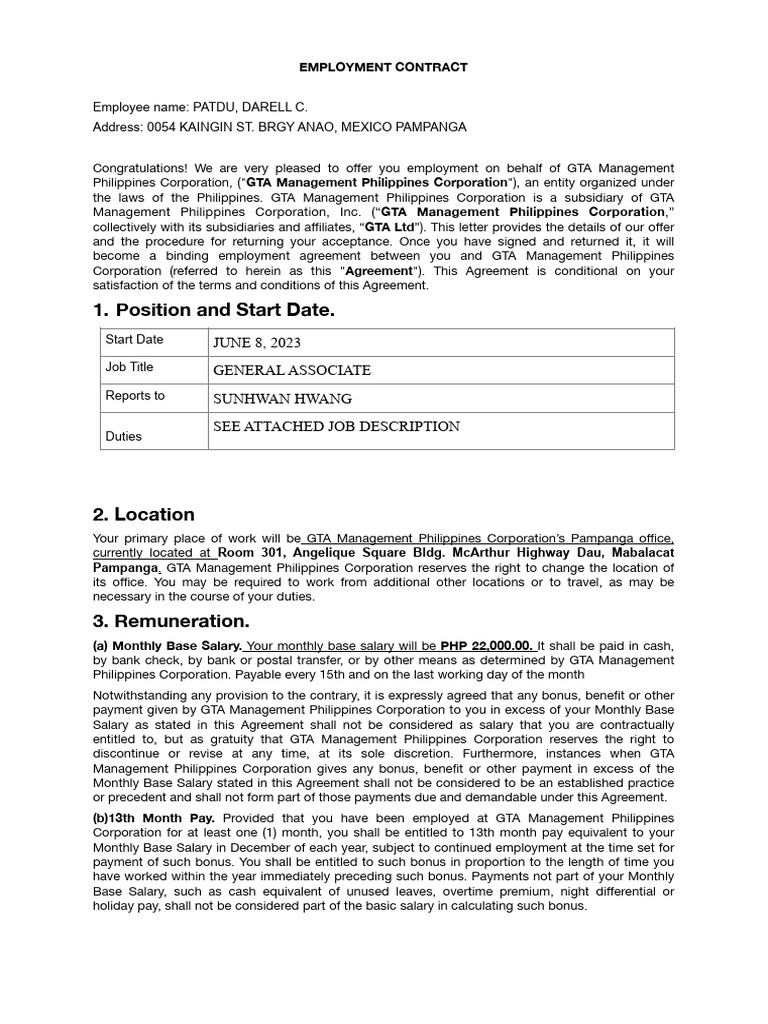 Employment Contract for Darell Patdu | PDF