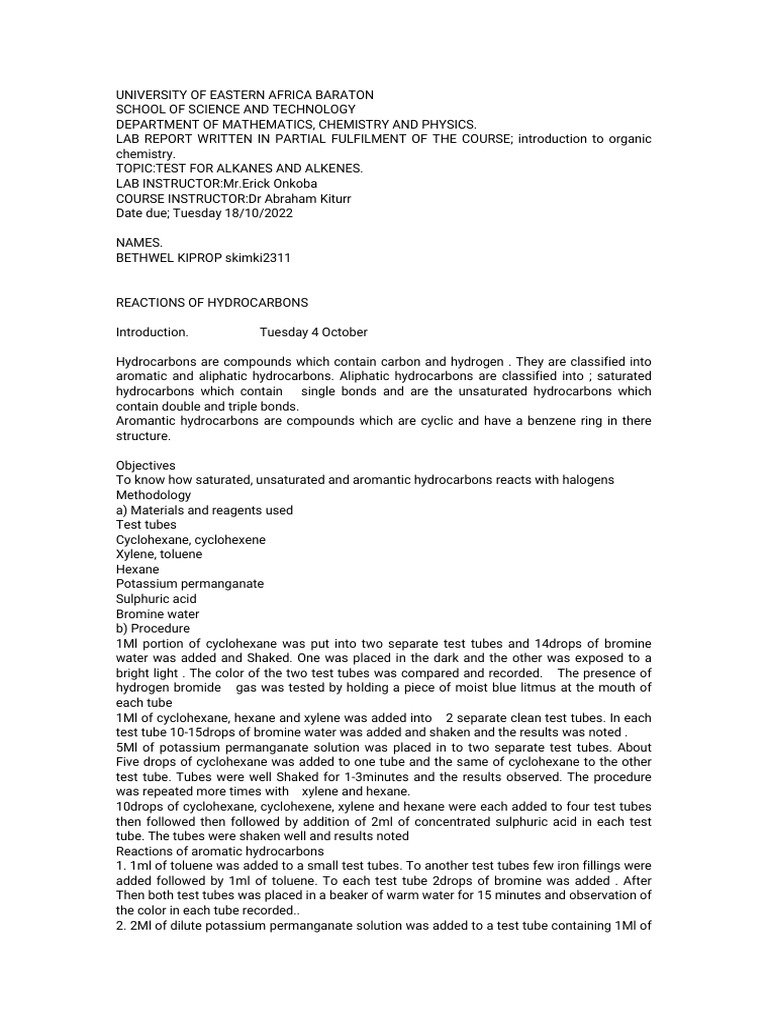Lab Report Chem 130 | PDF | Hydrocarbons | Alkene