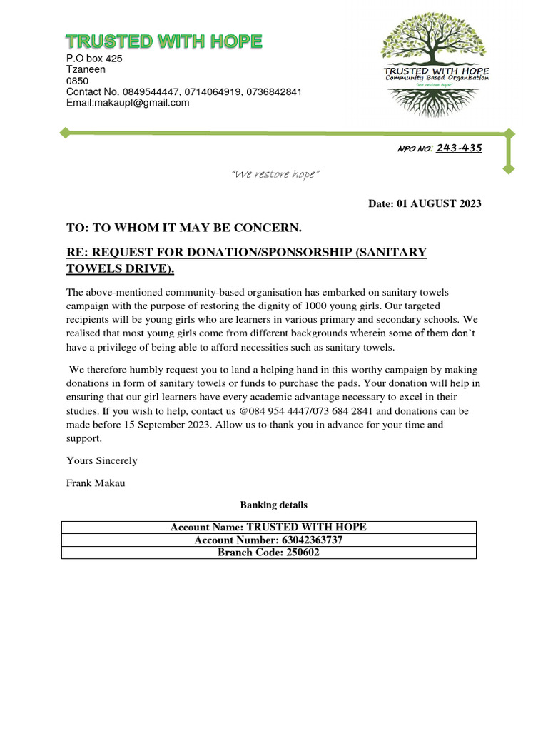 Sanitary Towels Donation Request | PDF | Social Science | Lifestyle