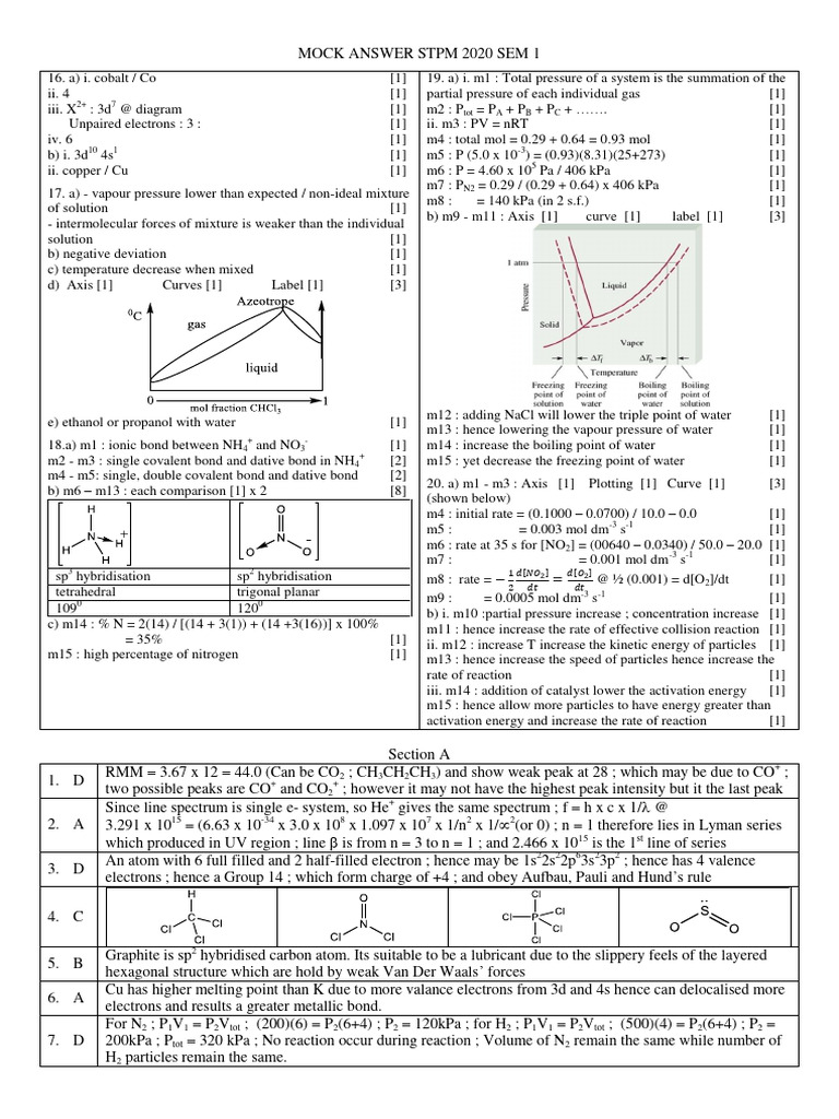 STPM 2020 Chemistry Sem 1 Mock Answers | PDF | Chemical Reactions ...