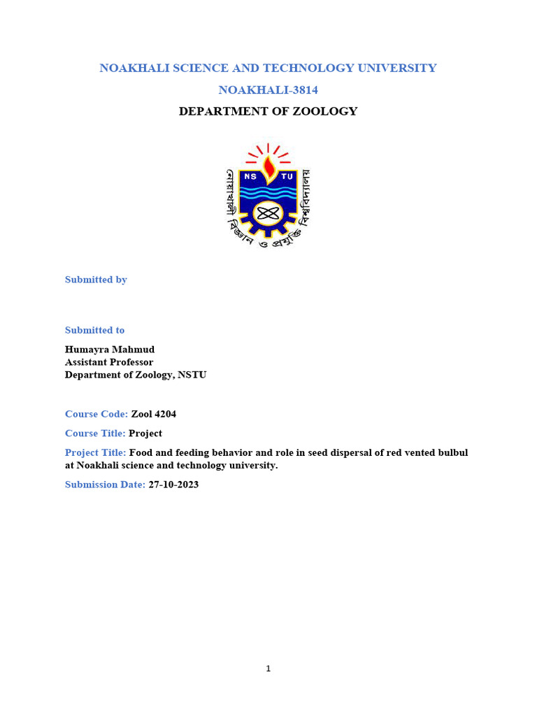 Noakhali Science and Technology University NOAKHALI-3814: Department of Zoology | PDF | Organisms