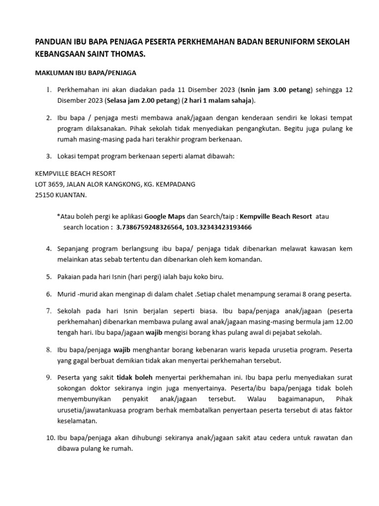 Panduan Ibu Bapa Peserta Perkhemahan SKST 2023 | PDF