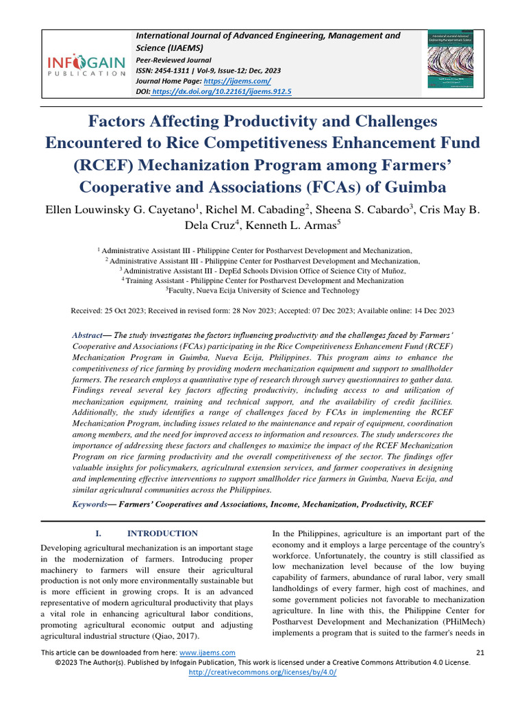 Factors Affecting Productivity and Challenges Encountered To Rice ...