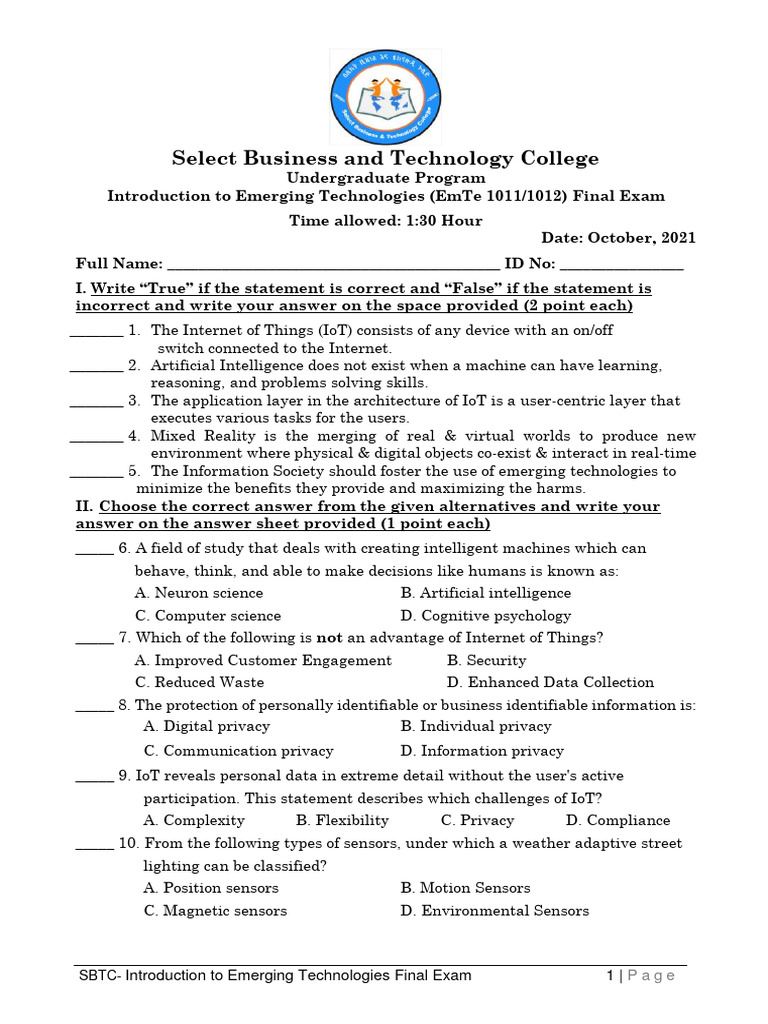 Introduction To Emerging Technologies Final Exam Sami With John | Download Free PDF | Internet ...