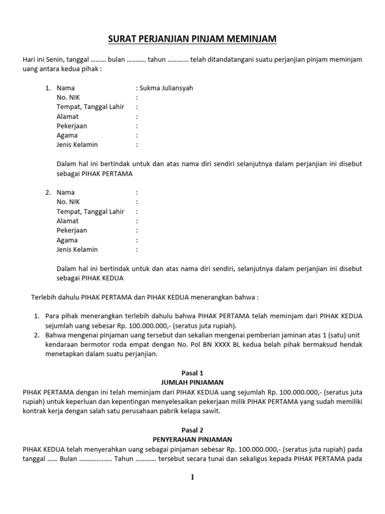 Surat Perjanjian Pinjam Meminjam - Miko | PDF