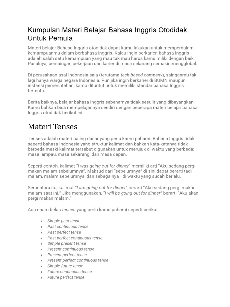 Kumpulan Materi Belajar Bahasa Inggris Otodidak Untuk Pemula | PDF