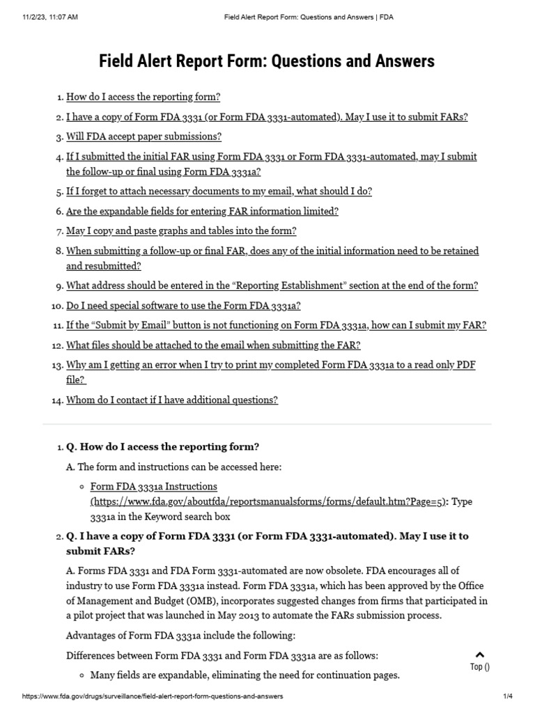 Field Alert Report Form - Questions and Answers - FDA | PDF | Computing ...
