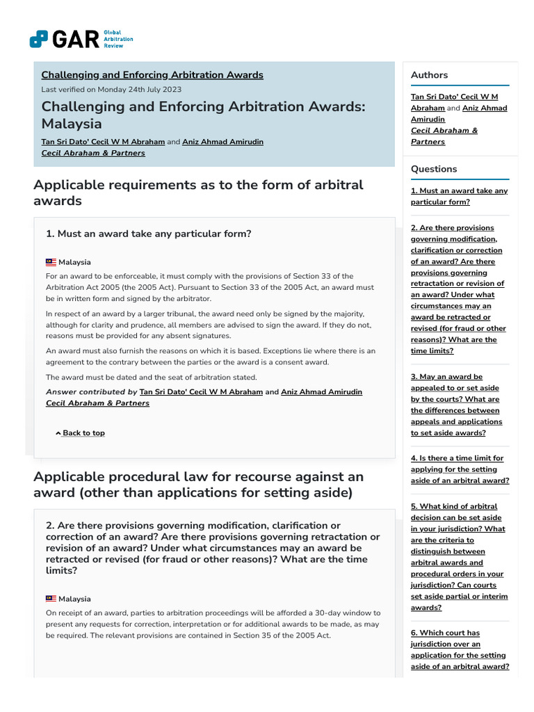 Challenging and Enforcing Arbitration Awards: Malaysia - Global ...