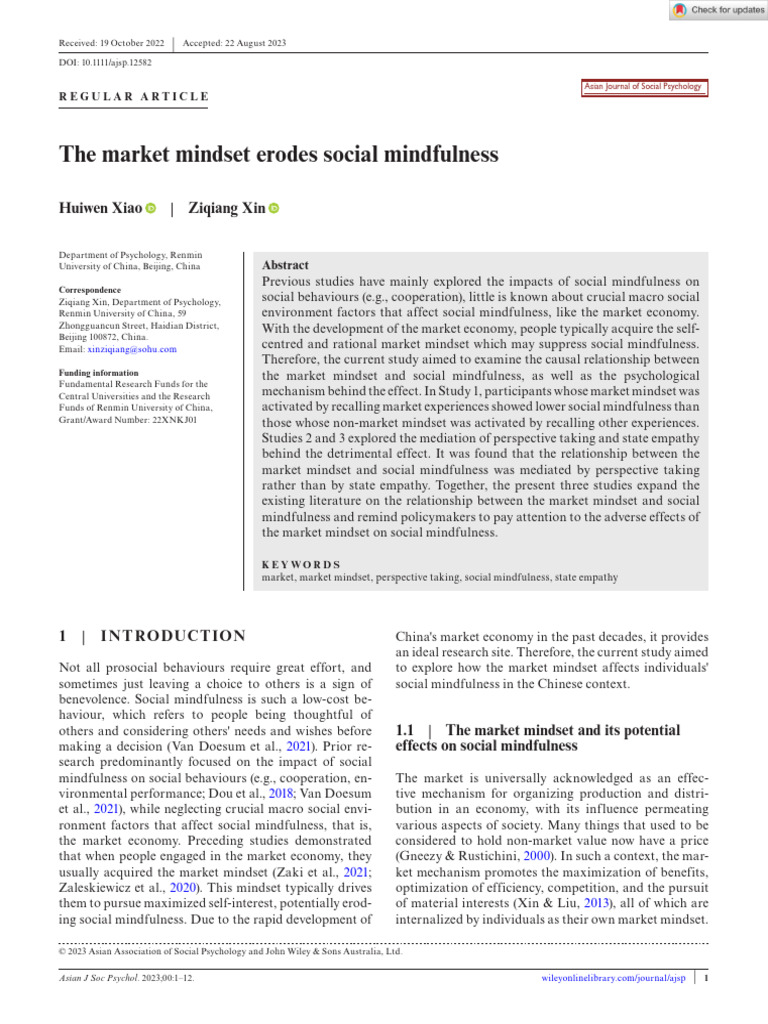 2023 - Xiao - The Market Mindset Erodes Social Mindfulness | PDF | Empathy | Mindfulness