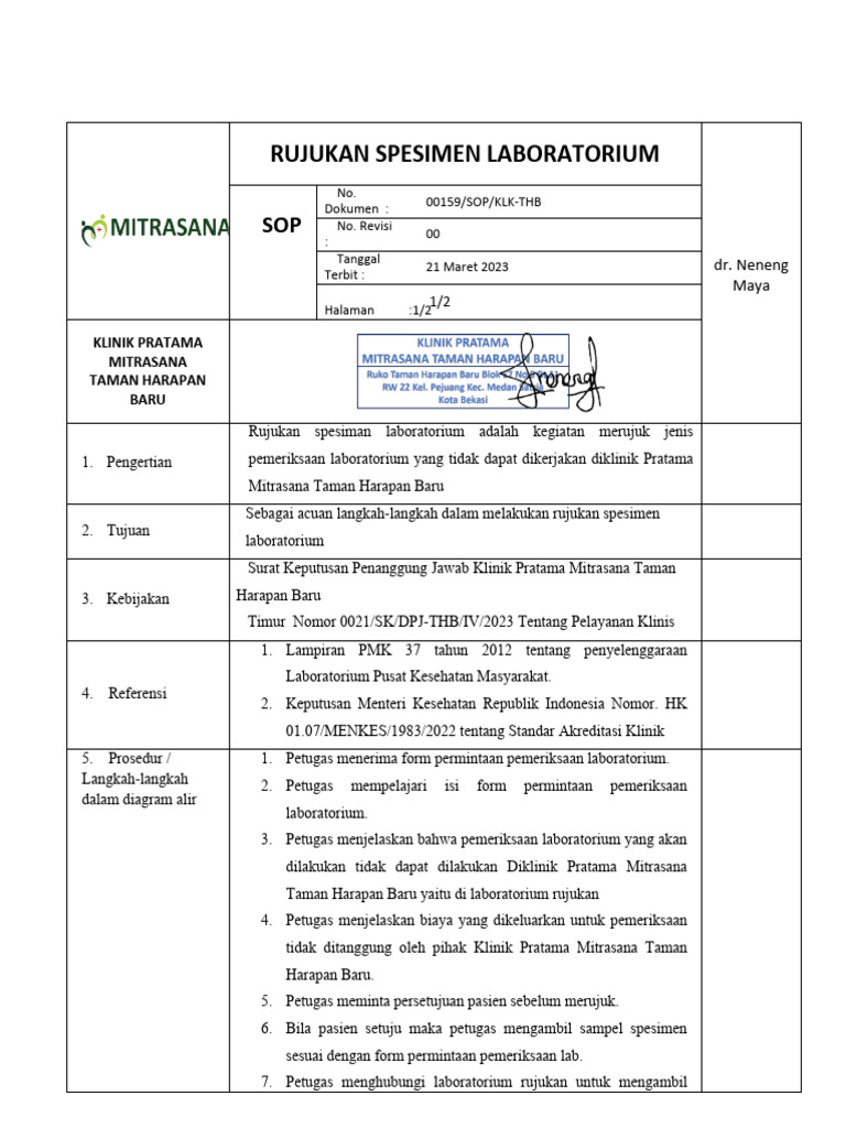 Sop Rujukan Spesimen Laboratorium - THB | PDF