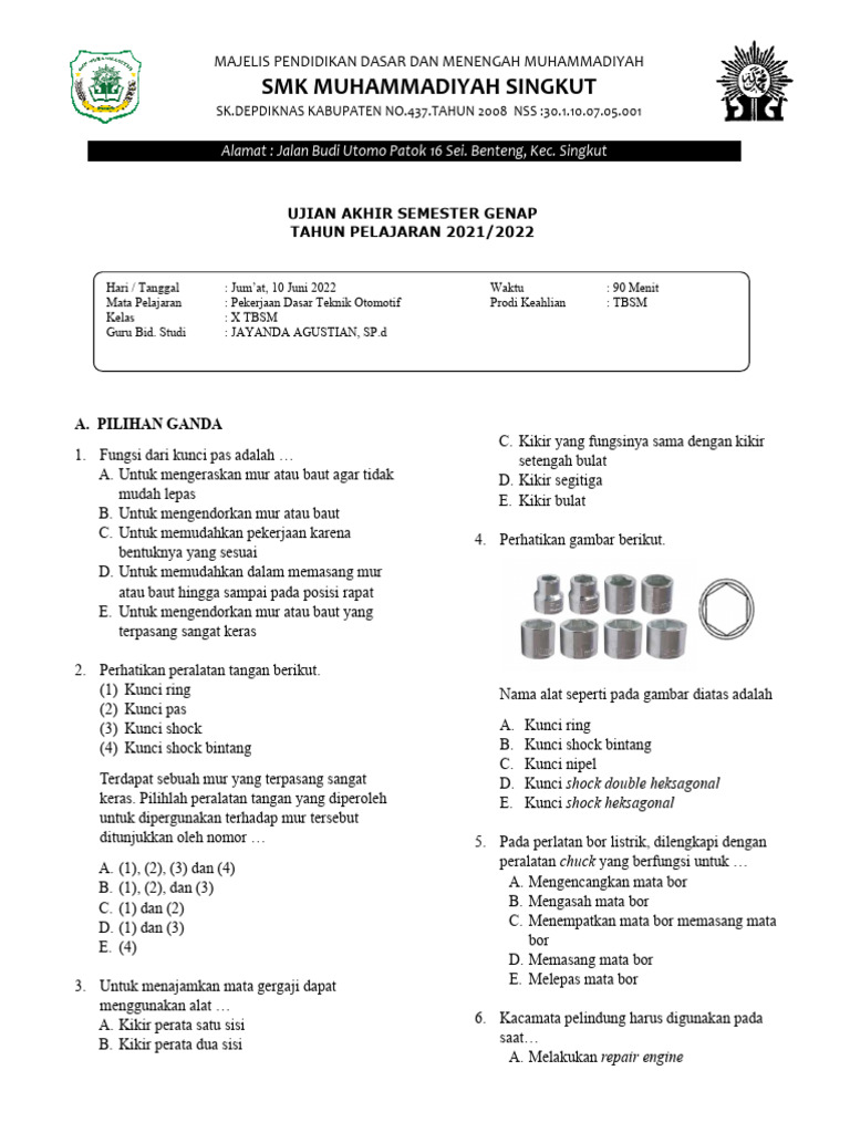 Soal Pdto Kelas X TBSM Semseter Genap 2021-2022 | PDF