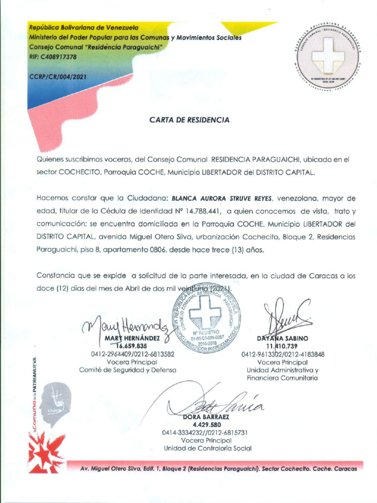 Carta de Residencia Junta Comunal Blanca Struve | PDF