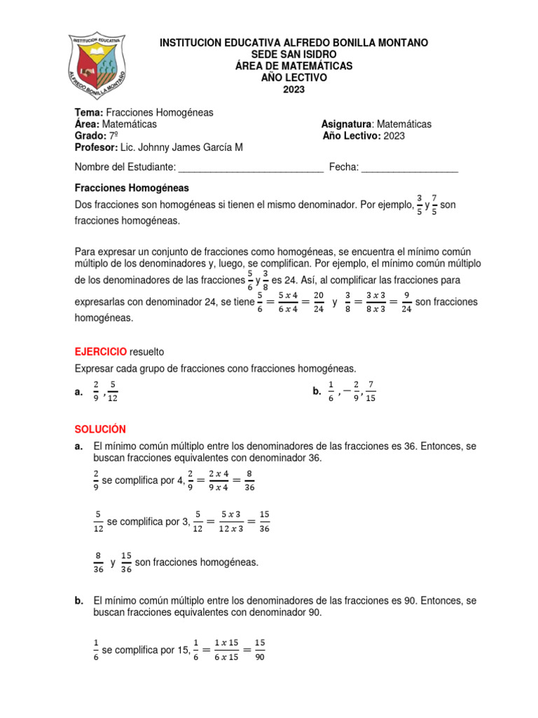 Fracciones Homogéneas 7º Grado | PDF | Objetos matemáticos | Notación ...