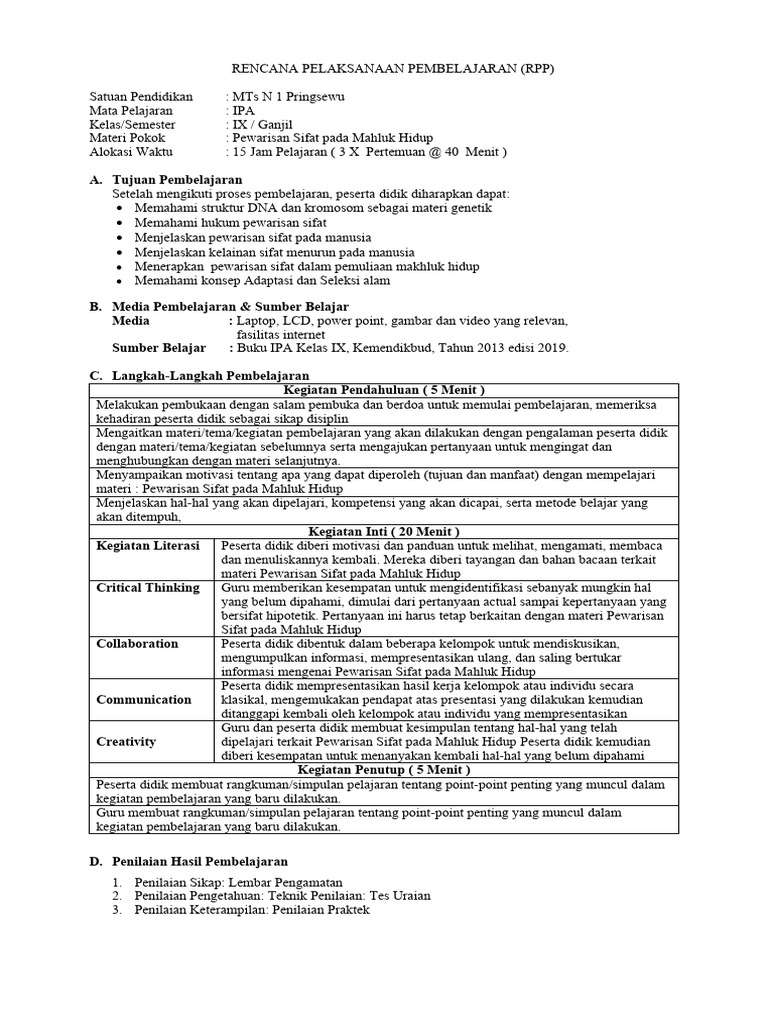 RPP Pewarisan Sifat | PDF | Karier & Perkembangan