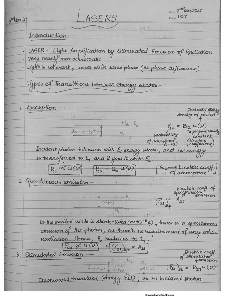 Unit 3 - Lasers Notes 2020 | PDF