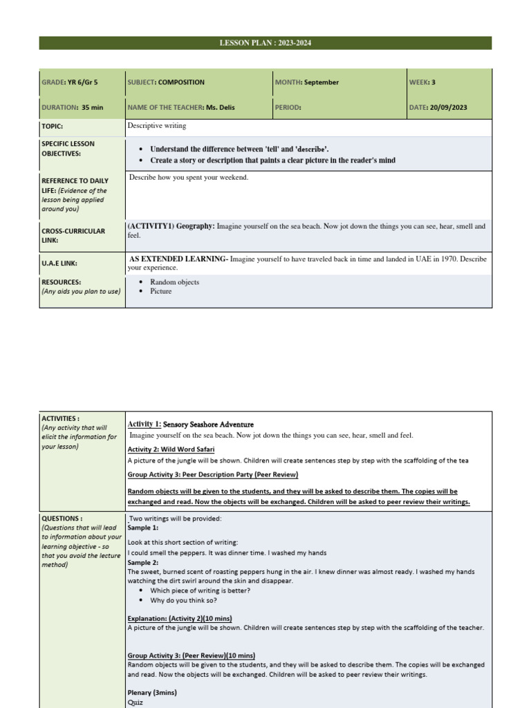 Compo Descriptive Writing Plan | Download Free PDF | Education Theory ...