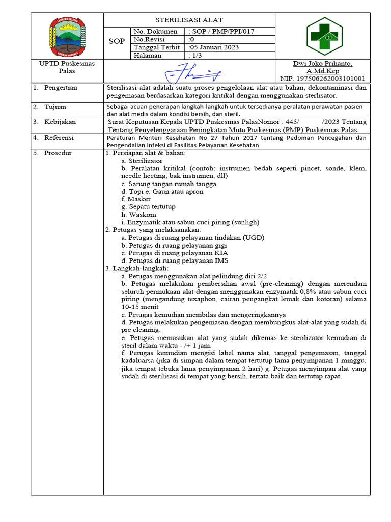 Sop Sterilisasi Alat | PDF