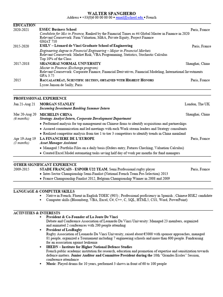 ESSEC MiF 2020-2021 - CV Template & Guidelines | PDF | Valuation ...