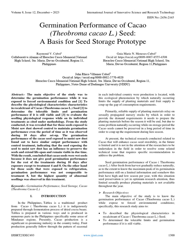 Germination Performance of Cacao (Theobroma Cacao L.) Seed: A Basis For Seed Storage Prototype ...