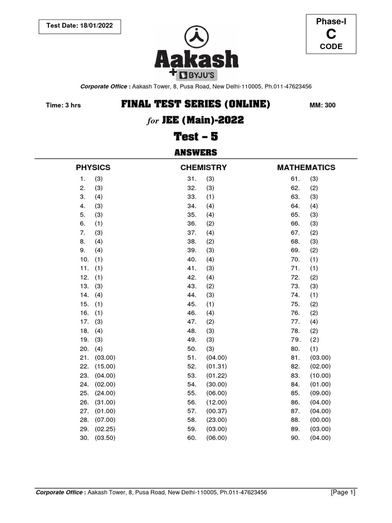 FTS 5 Answer Key for JEE 2022 | PDF | Catalysis | Chemistry