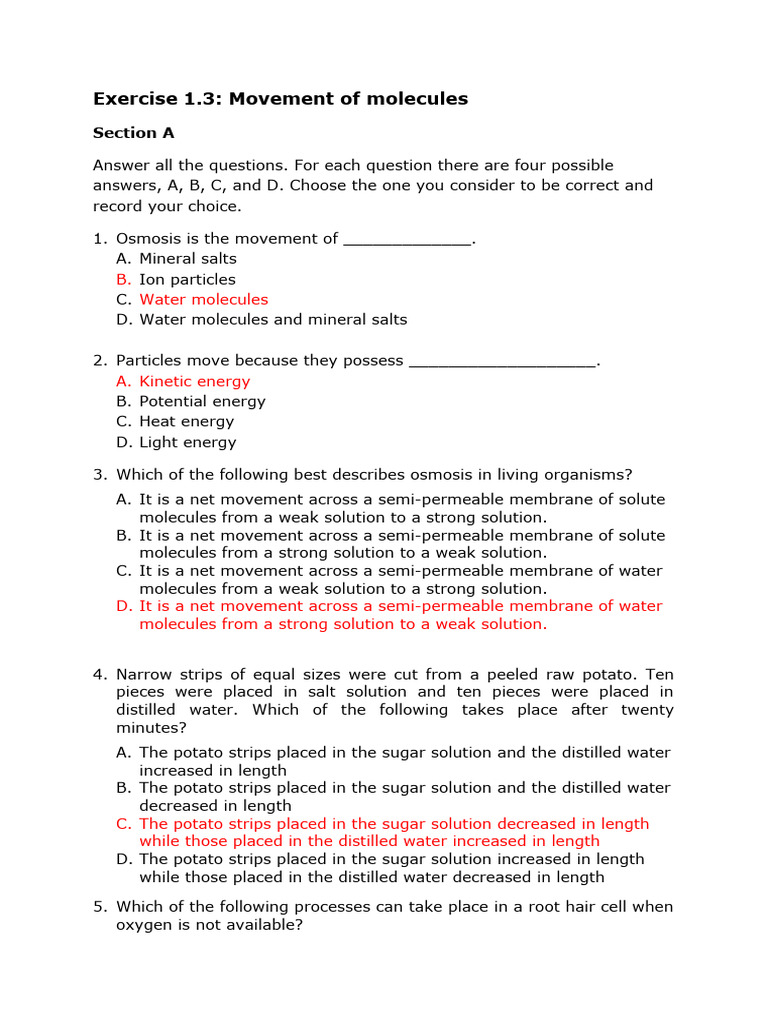 Biology Quiz: Molecule Movement | PDF | Osmosis | Diffusion