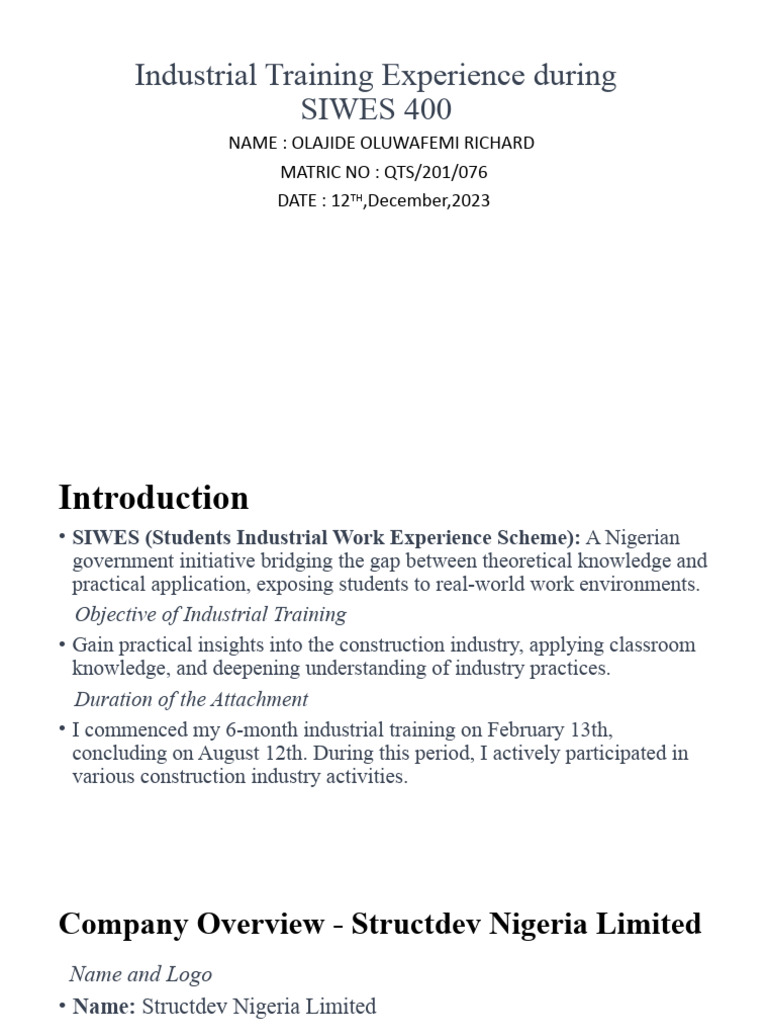 Industrial Training Experience During SIWES 400 | PDF | Project ...