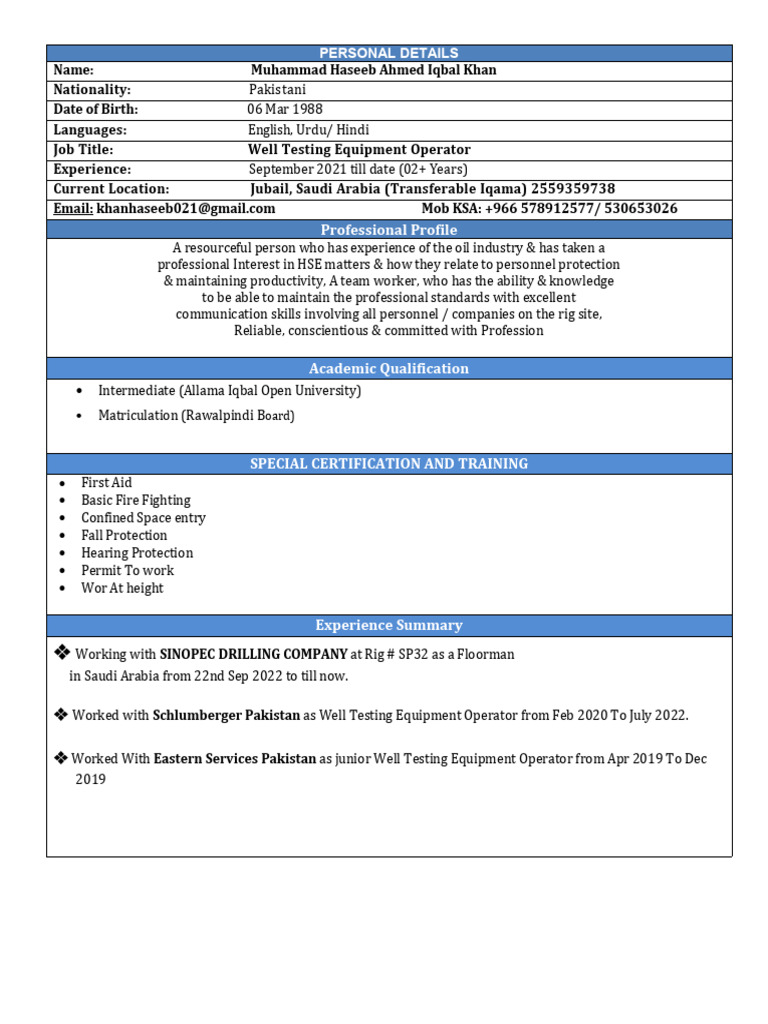 CV - Haseeb - Well Testing Equipment Operator | PDF