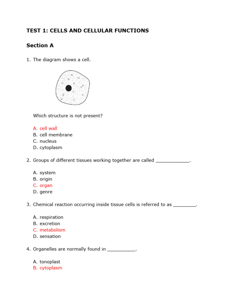 TEST 1.0 Cells and Cellular Functions. | PDF