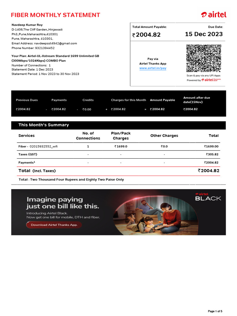 Airtel Postpaid Bill - Nov - 2023 | PDF | Cheque | Credit Card