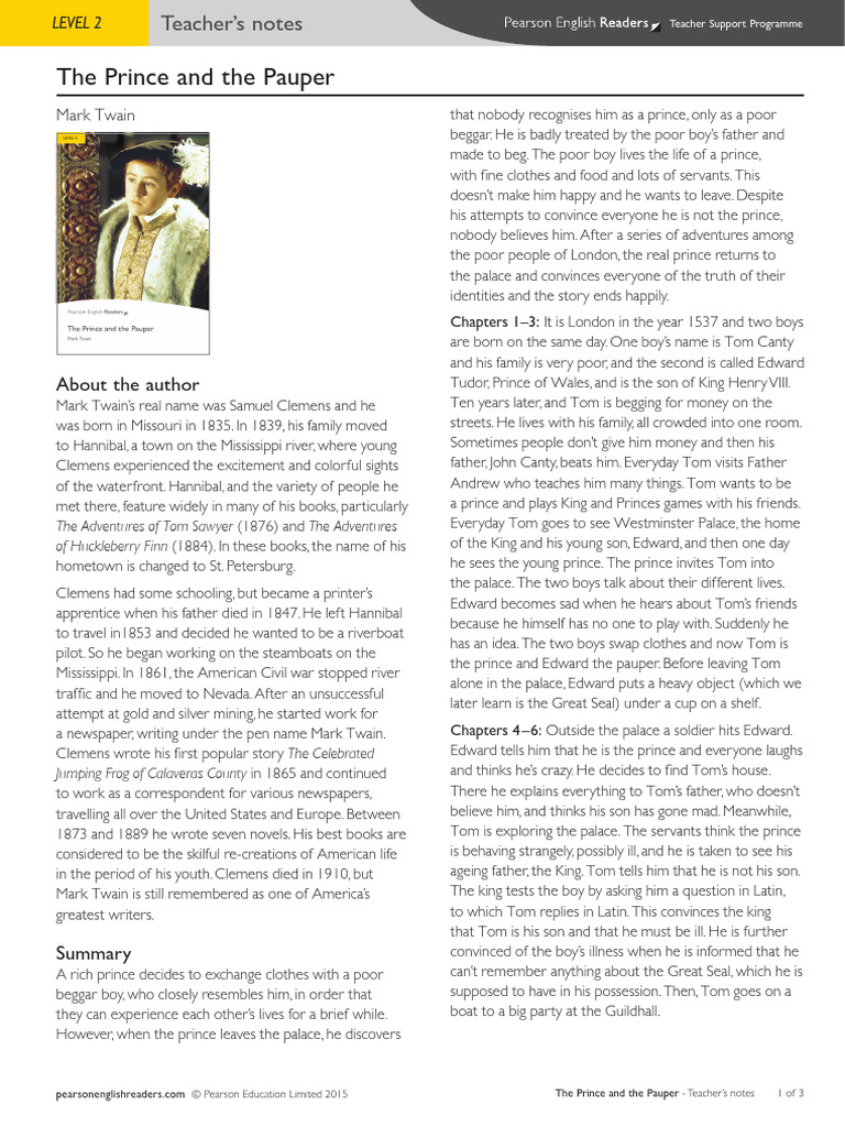 THE PRINCE AND THE PAUPER Teacher Note AK | PDF | The Prince And The ...