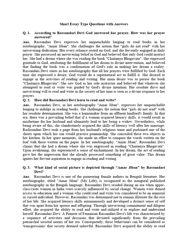 Amar Jiban. Short Essay Type and Short Type Questions With Answers | PDF Amar Jiban. Short Essay Type and Short Type Questions With Answers | PDF