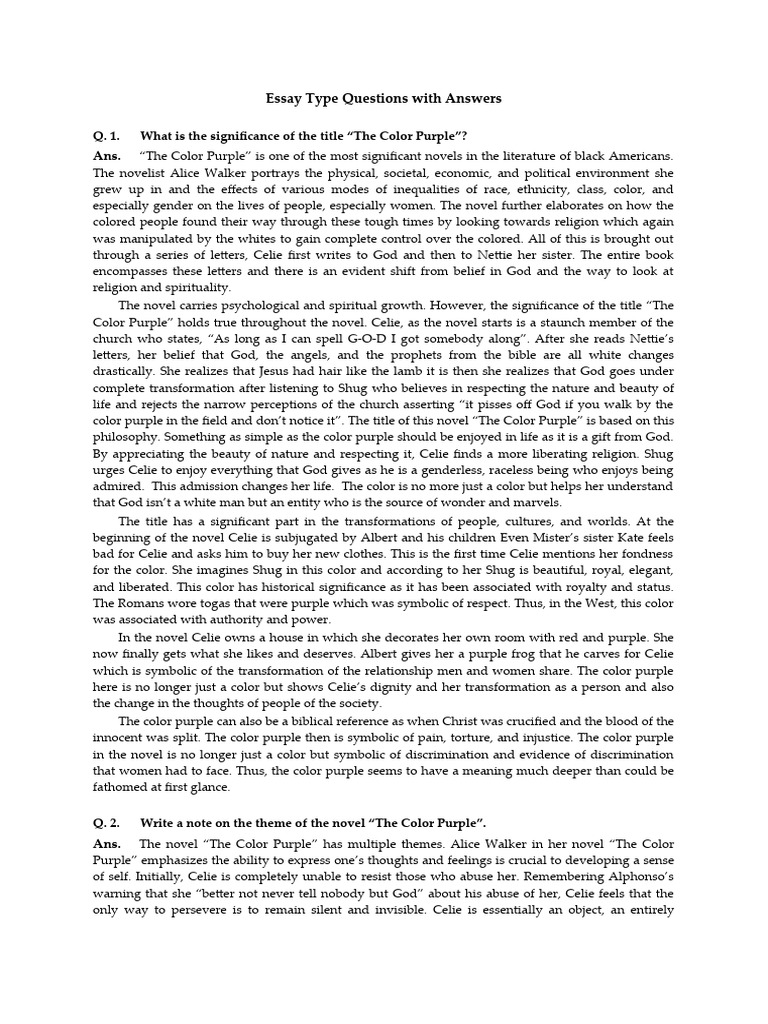 The Color Purple Essay Type Questions With Answers | PDF | Narration