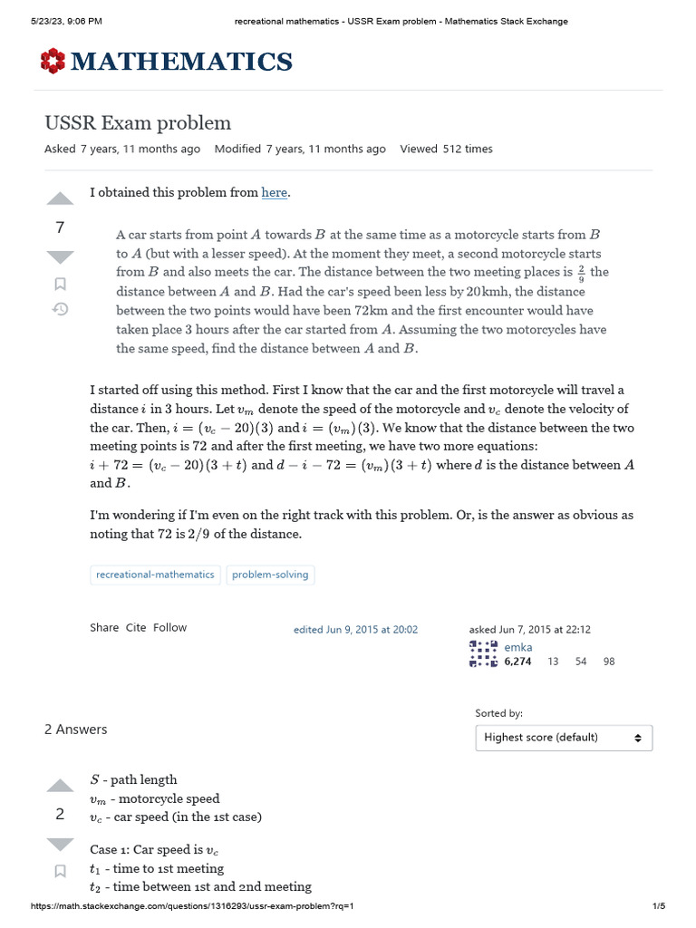 Recreational Mathematics - USSR Exam Problem - Mathematics Stack ...