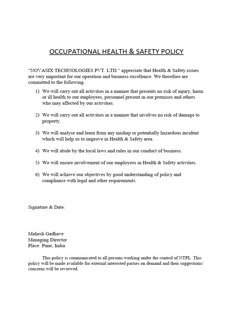 Occupational Health & Safety Policy | PDF