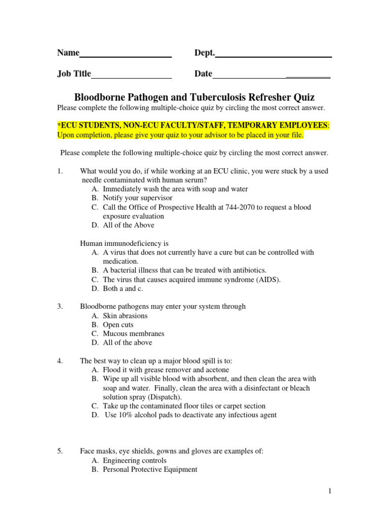 Quiz Blood Born Pathogen Refresher Mix Quiz Non ECU Employees and ...