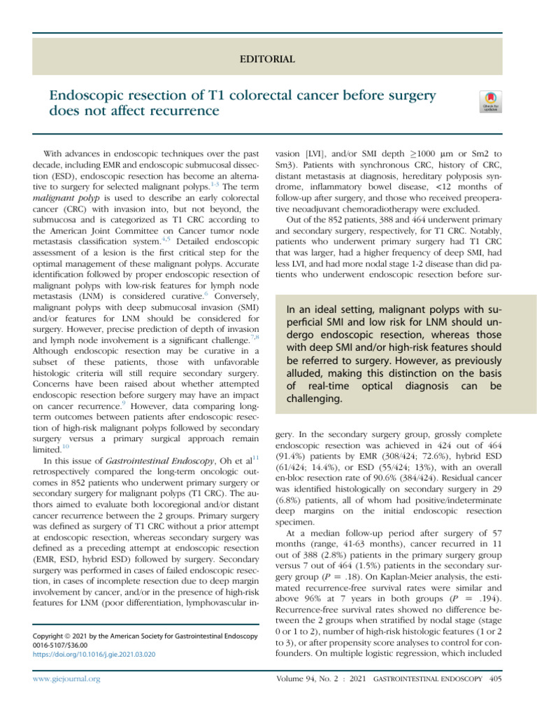 Endoscopic Resection of T1 Colorectal Cancer Befor | PDF