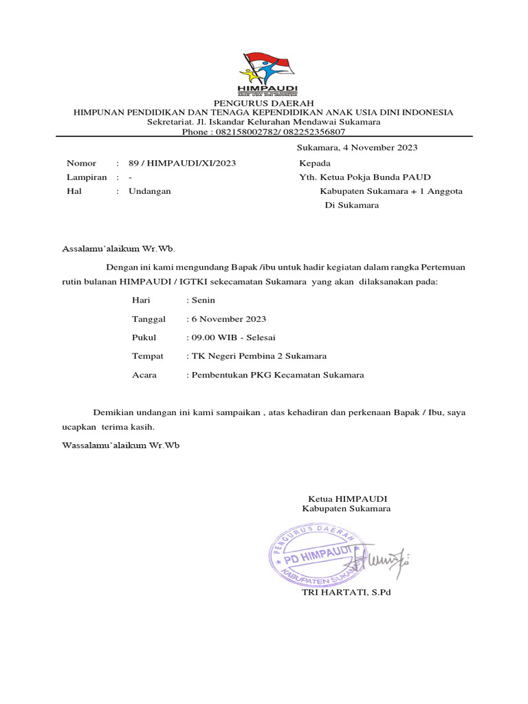 Saya Sedang Berbagi 'Surat Undangan Ketua Pokja Bunda PAUD' Dengan Anda | PDF