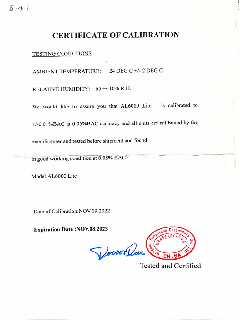 Alchol Meter Certificate | PDF