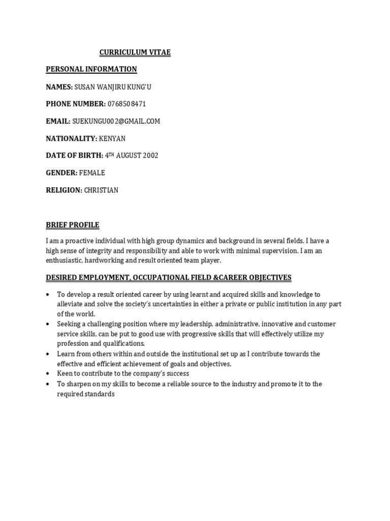 Curriculum Vitae of Susan Wanjiru Kung'u | PDF | Career & Growth