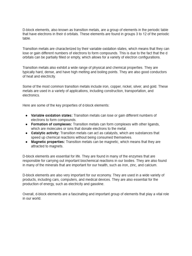 D Block Elements Pdf
