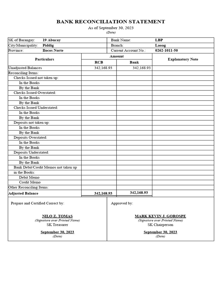 Bank Reconciliation Statement: As of September 30, 2023 | PDF | Banks | Transaction Account