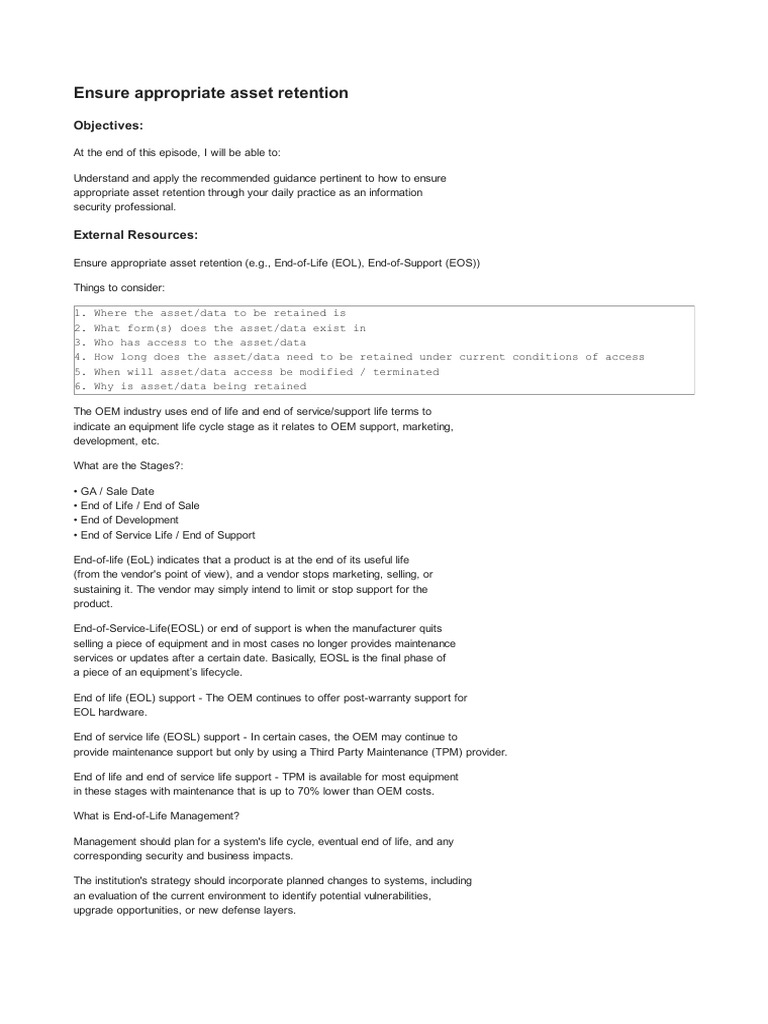 Isc2 Cissp 2 5 1 Ensure Appropriate Asset Retention | PDF | Life Cycle ...