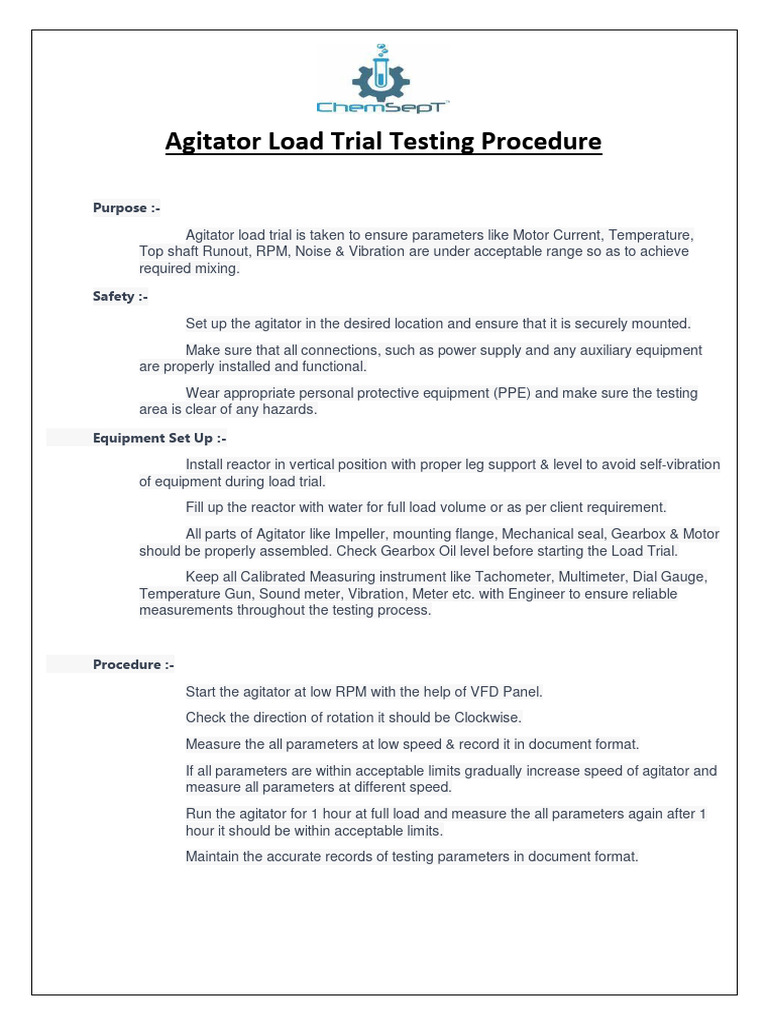 Agitator Load Trial Testing Procedure | PDF | Technology & Engineering