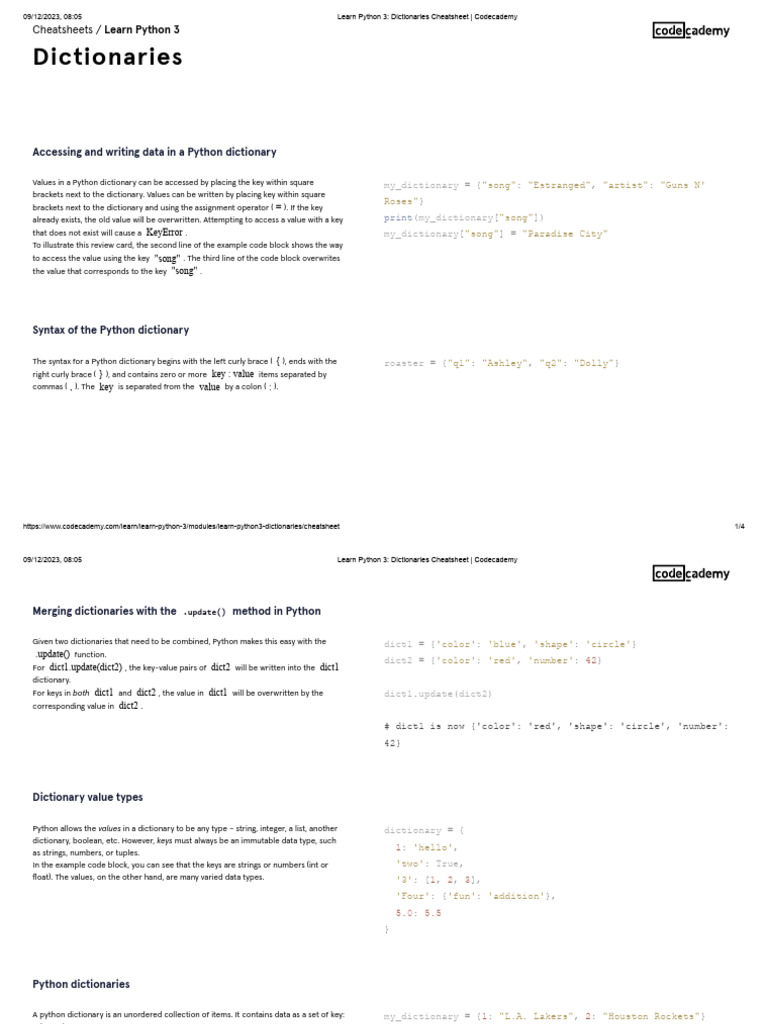 Learn Python 3 - Dictionaries Cheatsheet - Codecademy | PDF Learn Python 3 - Dictionaries Cheatsheet - Codecademy | PDF