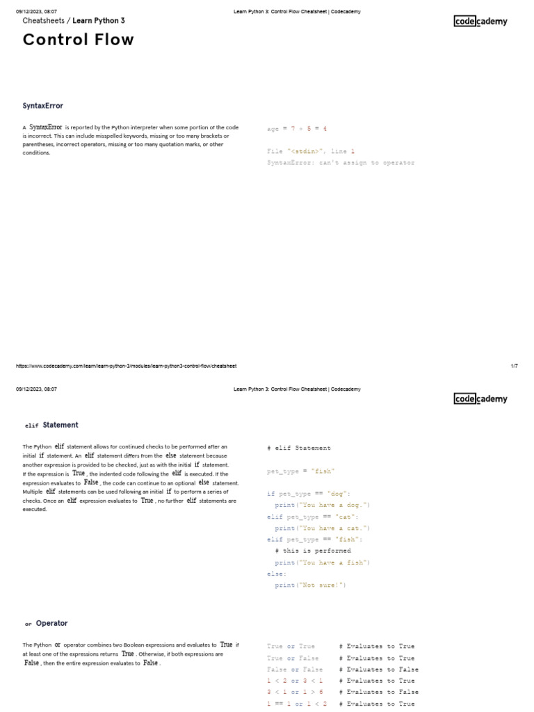 Learn Python 3 - Control Flow Cheatsheet - Codecademy | PDF