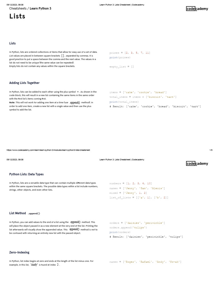 Learn Python 3 - Lists Cheatsheet - Codecademy | PDF