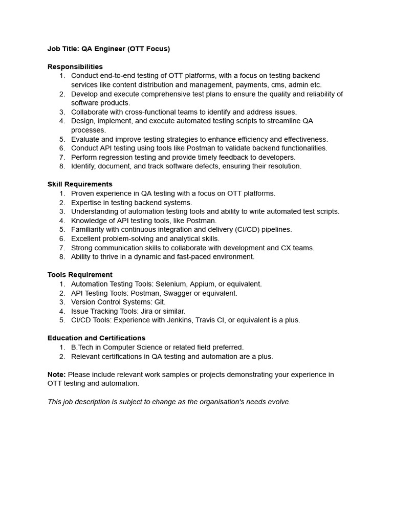 (JD) Job Description QA Engineer | PDF